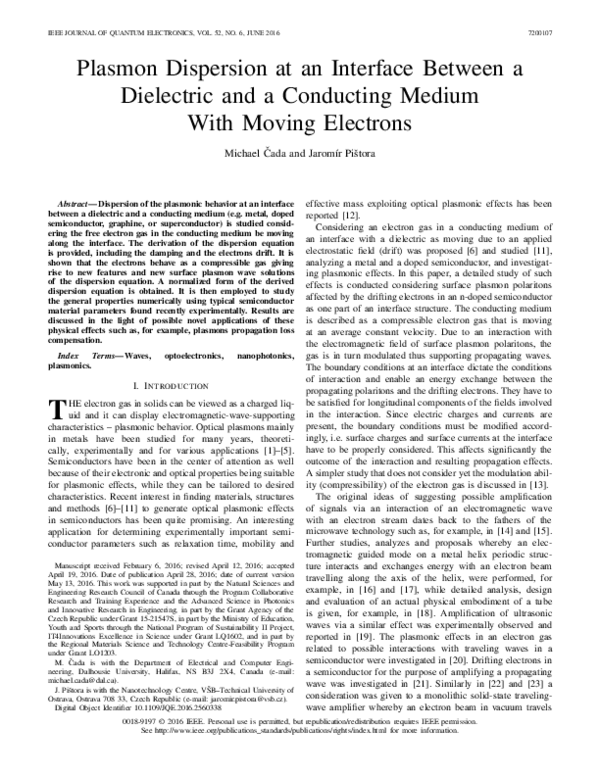 (PDF) Plasmon Dispersion at an Interface Between a Dielectric and a ...