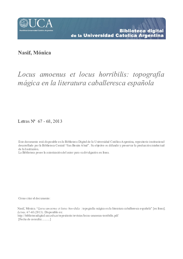 (PDF) Locus amoenus et locus horribilis : topografía mágica en la literatura caballeresca española