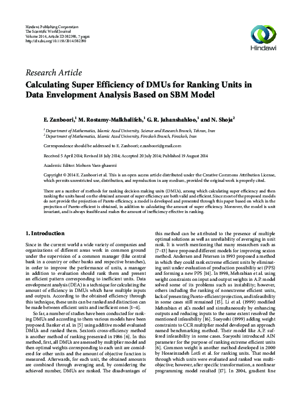 (PDF) Calculating Super Efficiency of DMUs for Ranking Units in Data Envelopment Analysis Based ...