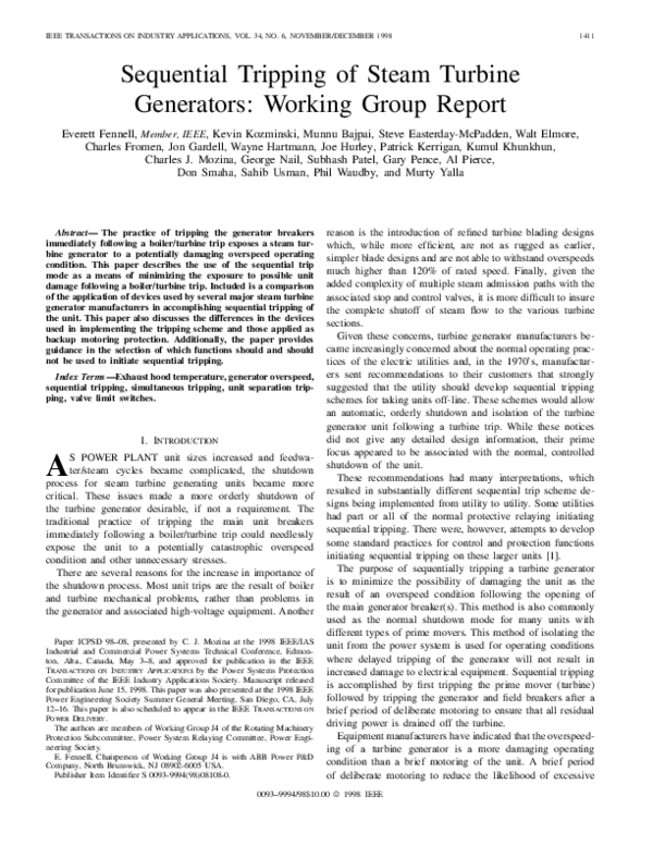 (PDF) Sequential tripping of steam turbine generators: Working Group report