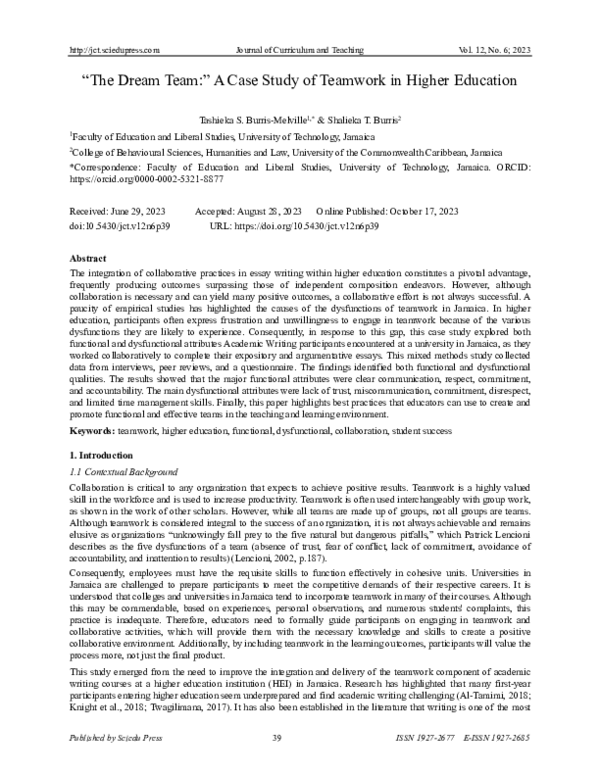(PDF) “The Dream Team:” A Case Study of Teamwork in Higher Education
