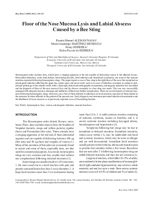 (PDF) Floor of the nose mucosa lysis and labial abscess caused by a bee ...