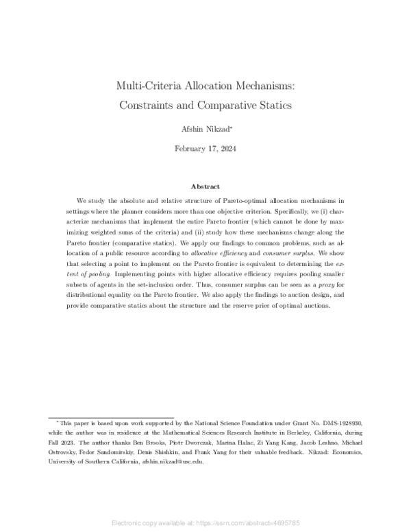 (PDF) Multi-Criteria Allocation Mechanisms: Constraints and Comparative Statics