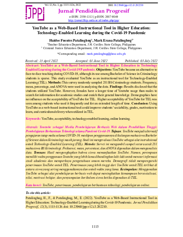 (PDF) YouTube as a Web-Based Instructional Tool in Higher Education in Technology Enabled ...