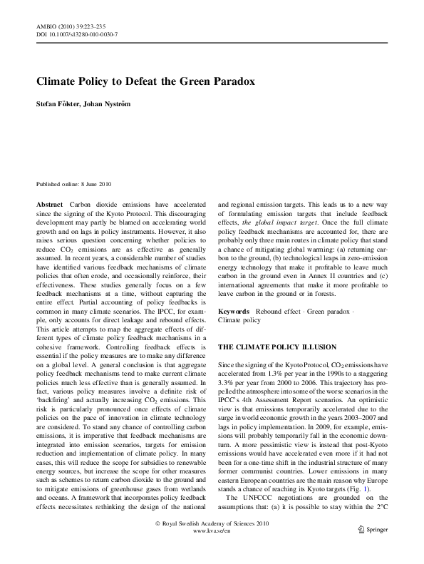 (PDF) Climate Policy to Defeat the Green Paradox