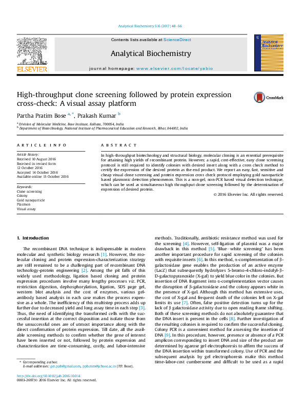 (PDF) High-throughput clone screening followed by protein expression cross-check: A visual assay ...