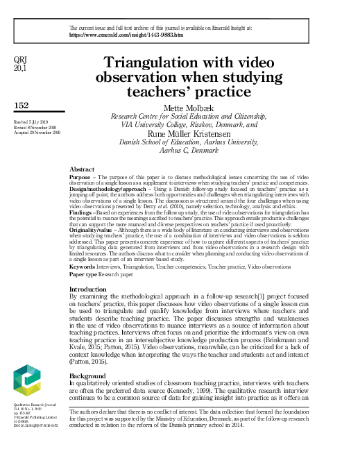(PDF) Triangulation with video observation when studying teachers’ practice