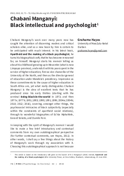 (PDF) Chabani Manganyi: Black intellectual and psychologist