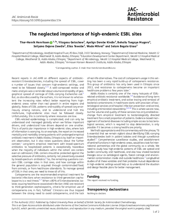 (PDF) The neglected importance of high-endemic ESBL sites