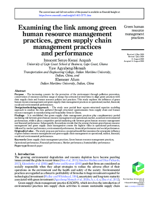 (PDF) Examining the link among green human resource management practices, green supply chain ...