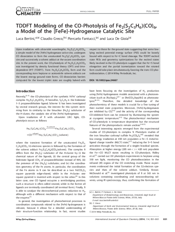 (PDF) TDDFT modeling of the CO‐photolysis of Fe2(S2C3H6)(CO)6, a model ...