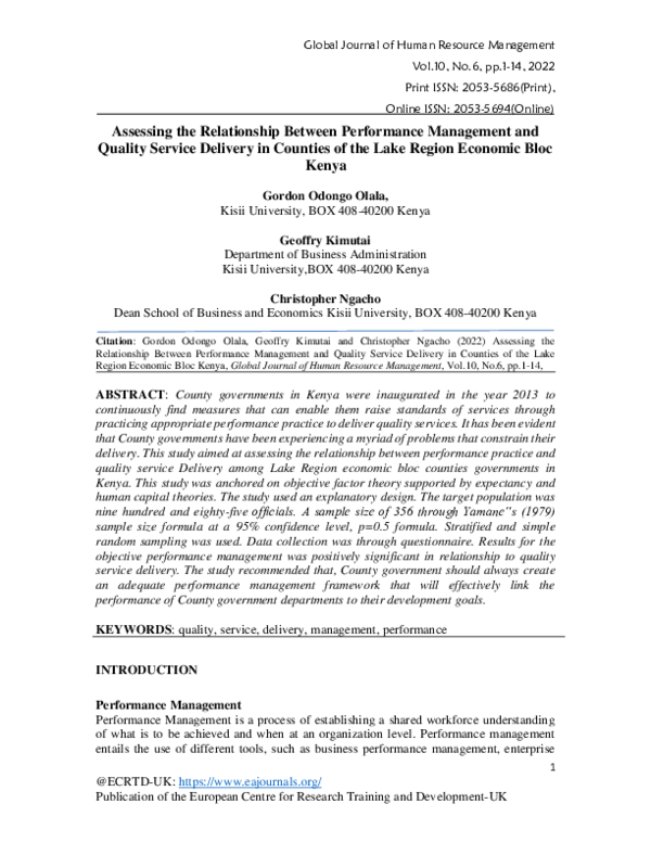 (PDF) Assessing the Relationship Between Performance Management and Quality Service Delivery in ...