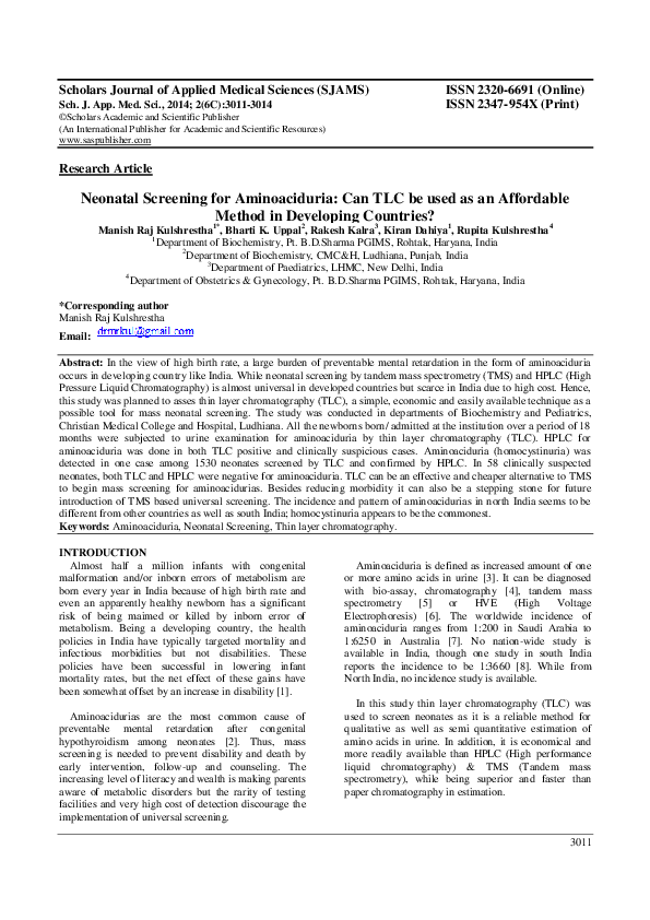 (PDF) Neonatal Screening for Aminoaciduria : Can TLC be used as an ...