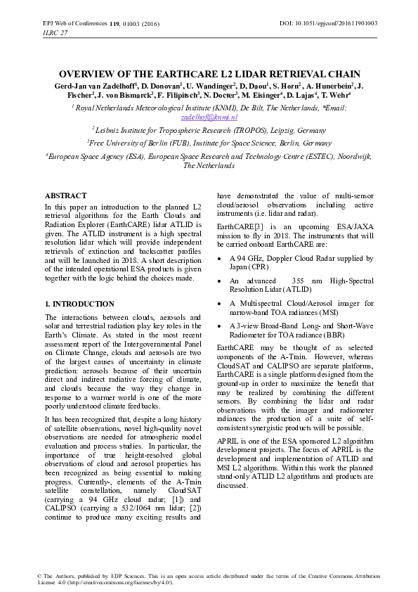 (PDF) Overview of the Earthcare L2 Lidar Retrieval Chain | G. van Zadelhoff - Academia.edu
