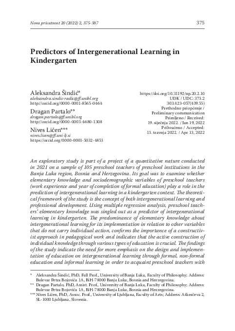 (PDF) Predictors of Intergenerational Learning in Kindergarten | nives licen - Academia.edu