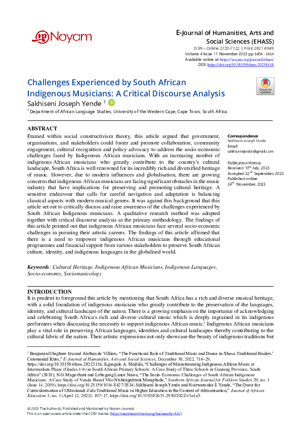 (PDF) Challenges Experienced by South African Indigenous Musicians: A ...