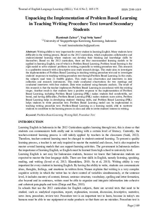 (PDF) Unpacking the Implementation of Problem Based Learning in Teaching Writing Procedure Text ...