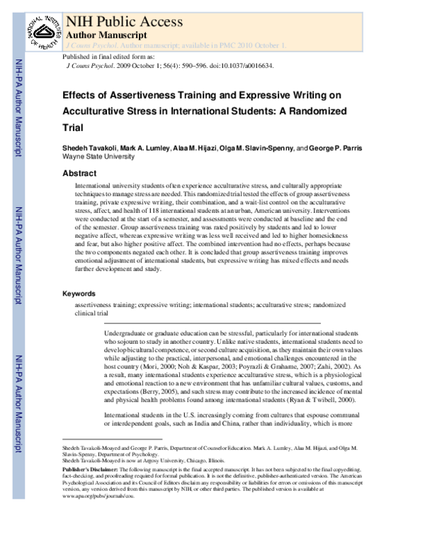 (PDF) Effects of assertiveness training and expressive writing on acculturative stress in ...
