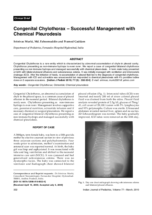 (PDF) Congenital Chylothorax - Successful management with chemical ...