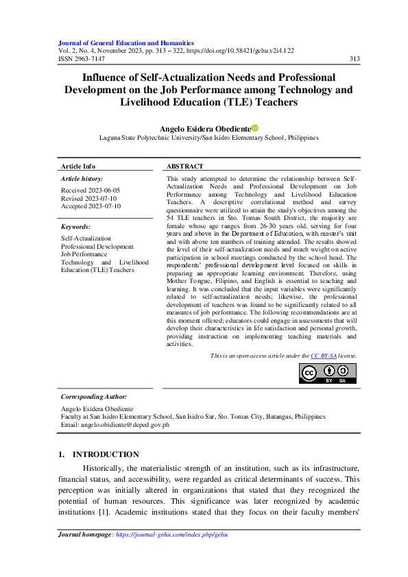 (PDF) Influence of Self-Actualization Needs and Professional ...