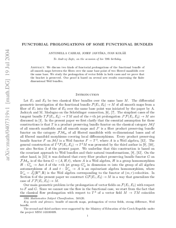 (PDF) Functorial prolongation of some functional bundles