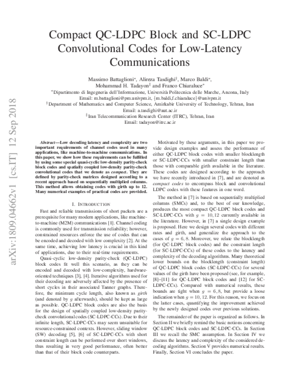 Pdf Compact Qc Ldpc Block And Sc Ldpc Convolutional Codes For Low Latency Communications