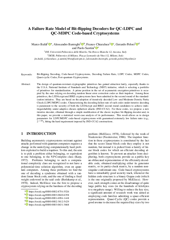 (PDF) A Failure Rate Model of Bit-flipping Decoders for QC-LDPC and QC-MDPC Code-based Cryptosystems