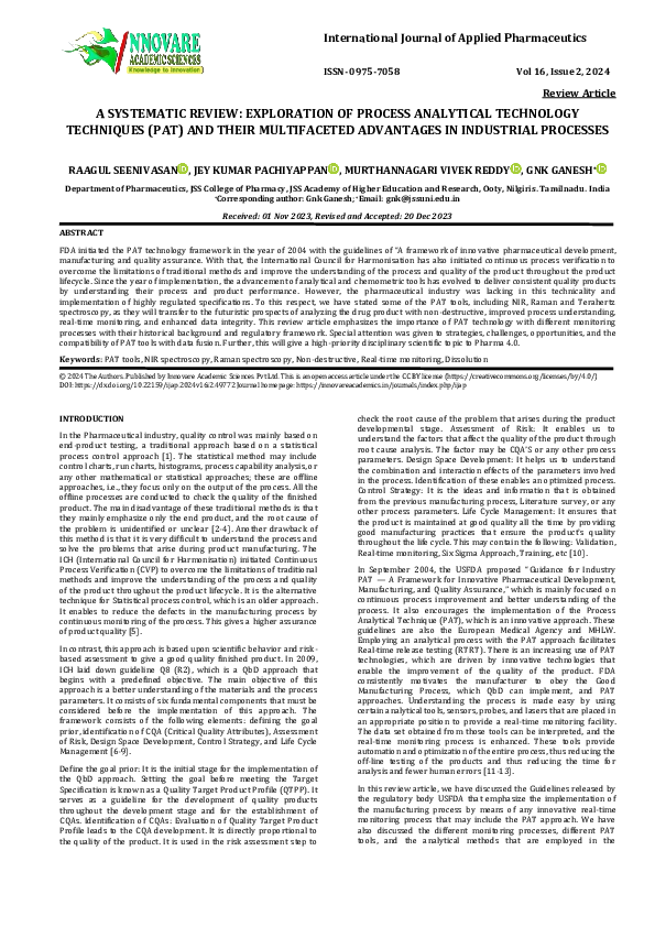 (PDF) A SYSTEMATIC REVIEW: EXPLORATION OF PROCESS ANALYTICAL TECHNOLOGY ...