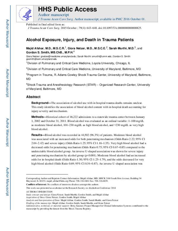 (PDF) Alcohol exposure, injury, and death in trauma patients