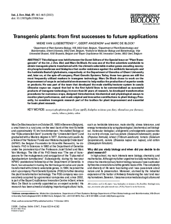 (PDF) Transgenic plants: from first successes to future applications