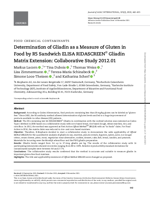 (PDF) Determination of Gliadin as a Measure of Gluten in Food by R5 ...