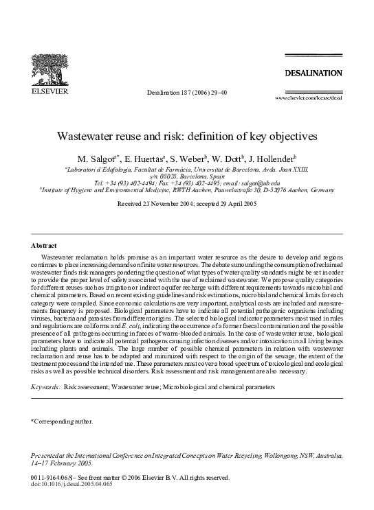 (PDF) Wastewater reuse and risk: definition of key objectives