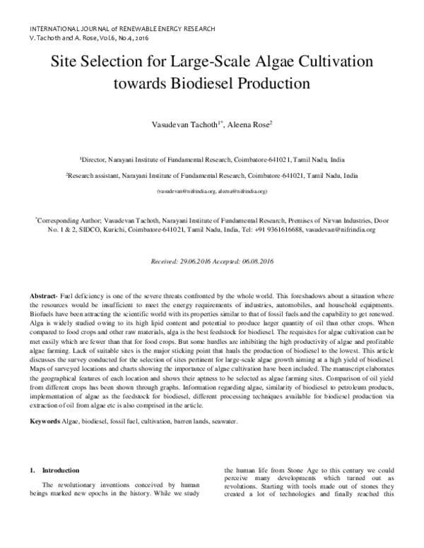 (PDF) Site Selection for Large-Scale Algae Cultivation Towards Biodiesel Production