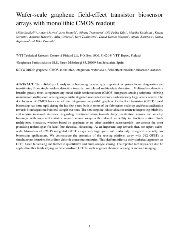 (PDF) Wafer-scale graphene field-effect transistor biosensor arrays with monolithic CMOS readout