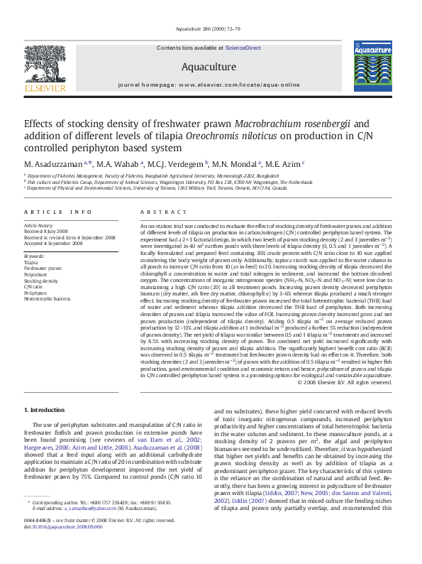 (PDF) Effects of stocking density of freshwater prawn Macrobrachium ...
