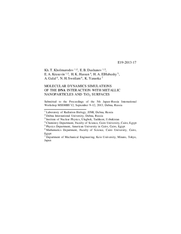 (PDF) Molecular Dynamics Simulations of the DNA Interaction with Metallic Nanoparticles and TiO2 ...