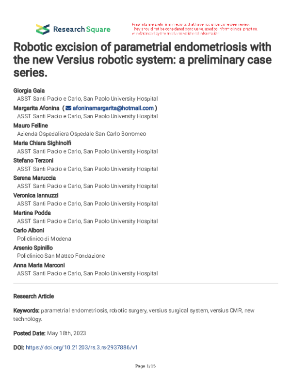 (PDF) Robotic excision of parametrial endometriosis with the new Versius robotic system: a ...
