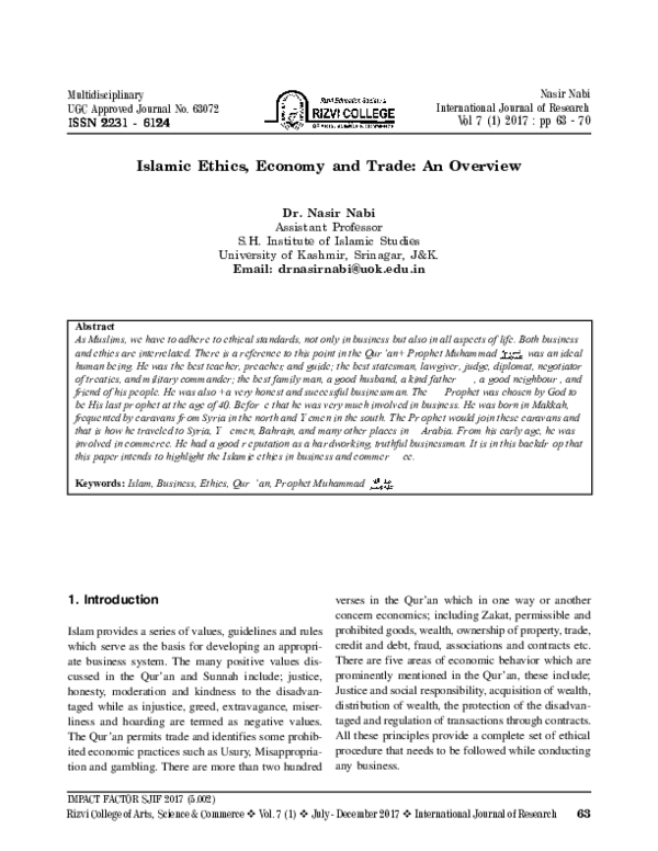 (PDF) Islamic Ethics, Economy and Trade: An Overview