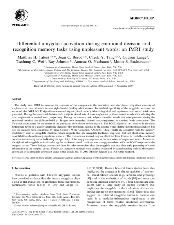 (PDF) Differential amygdala activation during emotional decision and ... (PDF) Differential amygdala activation during emotional decision and ...