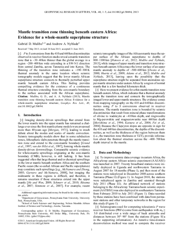(PDF) Mantle transition zone thinning beneath eastern Africa: Evidence ...