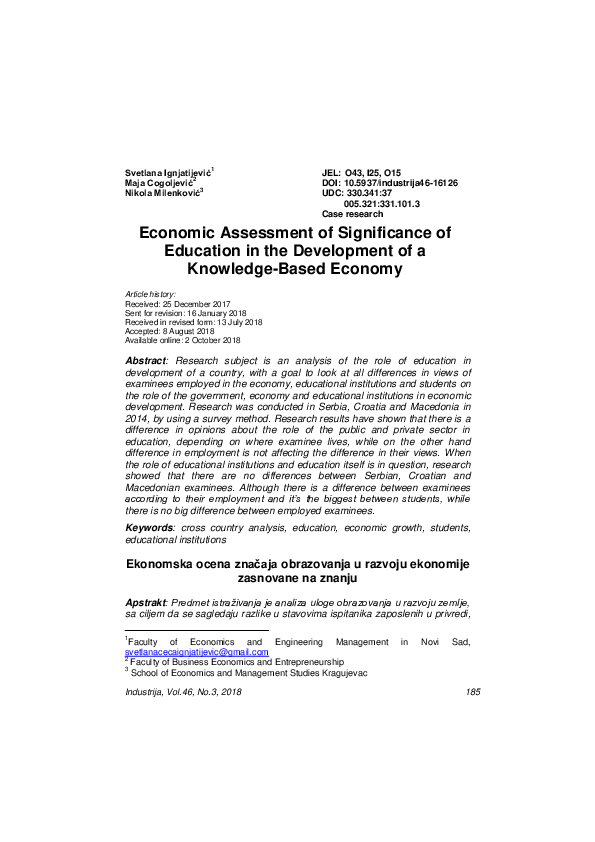 (PDF) Economic assessment of significance of education in the development of a knowledge-based ...