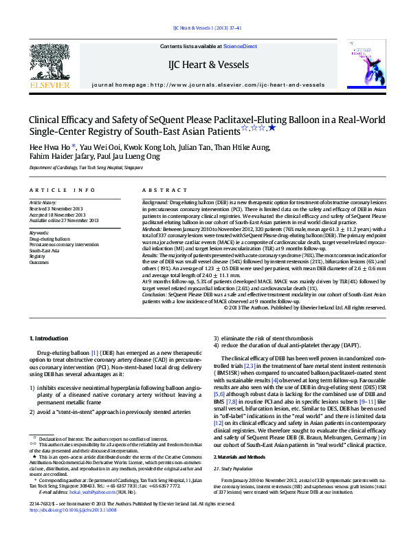 (PDF) Clinical Efficacy and Safety of Sequent Please Paclitaxel-eluting Balloon in a Real-world ...