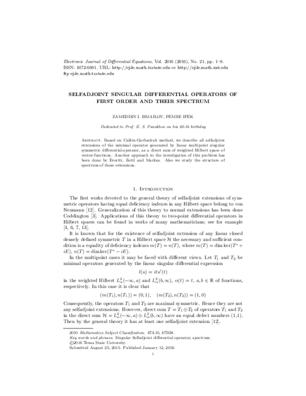 (PDF) Selfadjoint Singular Differential Operators of First Order and Their Spectrum | Zameddin ...