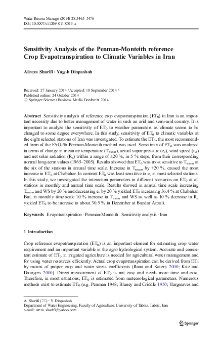 (PDF) Sensitivity Analysis of the Penman-Monteith reference Crop Evapotranspiration to Climatic ...