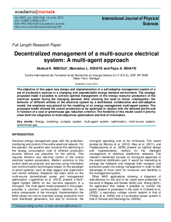 (PDF) Decentralized management of a multi-source electrical system: A multi-agent approach ...