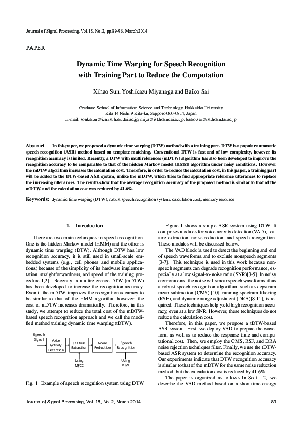 (PDF) Dynamic Time Warping for Speech Recognition with Training Part to Reduce the Computation