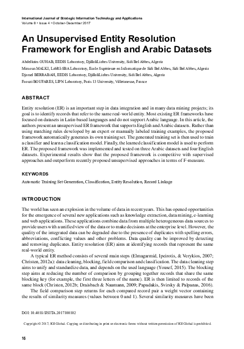 Pdf An Unsupervised Entity Resolution Framework For English And Arabic Datasets