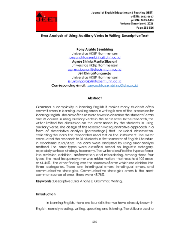 (PDF) Error Analysis of Using Auxiliary Verbs in Writing Descriptive Text | Jeli Mangaraja ...