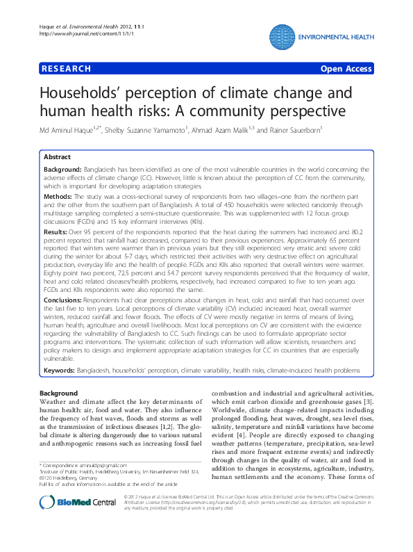 (PDF) Households' perception of climate change and human health risks ...