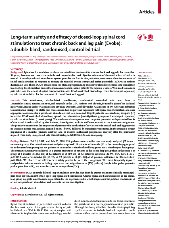(PDF) Long-term safety and efficacy of closed-loop spinal cord stimulation to treat chronic back ...